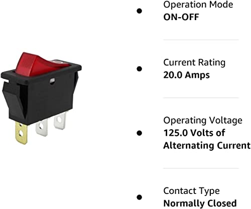 15A-20A Red Lighted Rocker Switch 3 Prong ON/Off (with Neon Lamp) for Electric Fireplaces, FMI Desa,Electric Fire Place, Grinder, Surge Protector, Delta Sander