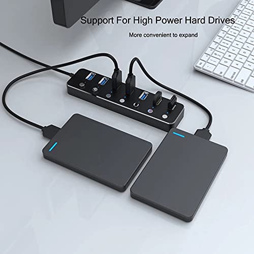 WJCCY Aluminum 7-Port USB 3.0 Hub 120cm Cable Sub-Control Switch 5Gbps LED Indicator HUB Chargeable Splitter for Multi USB Devices (Color : Silver)
