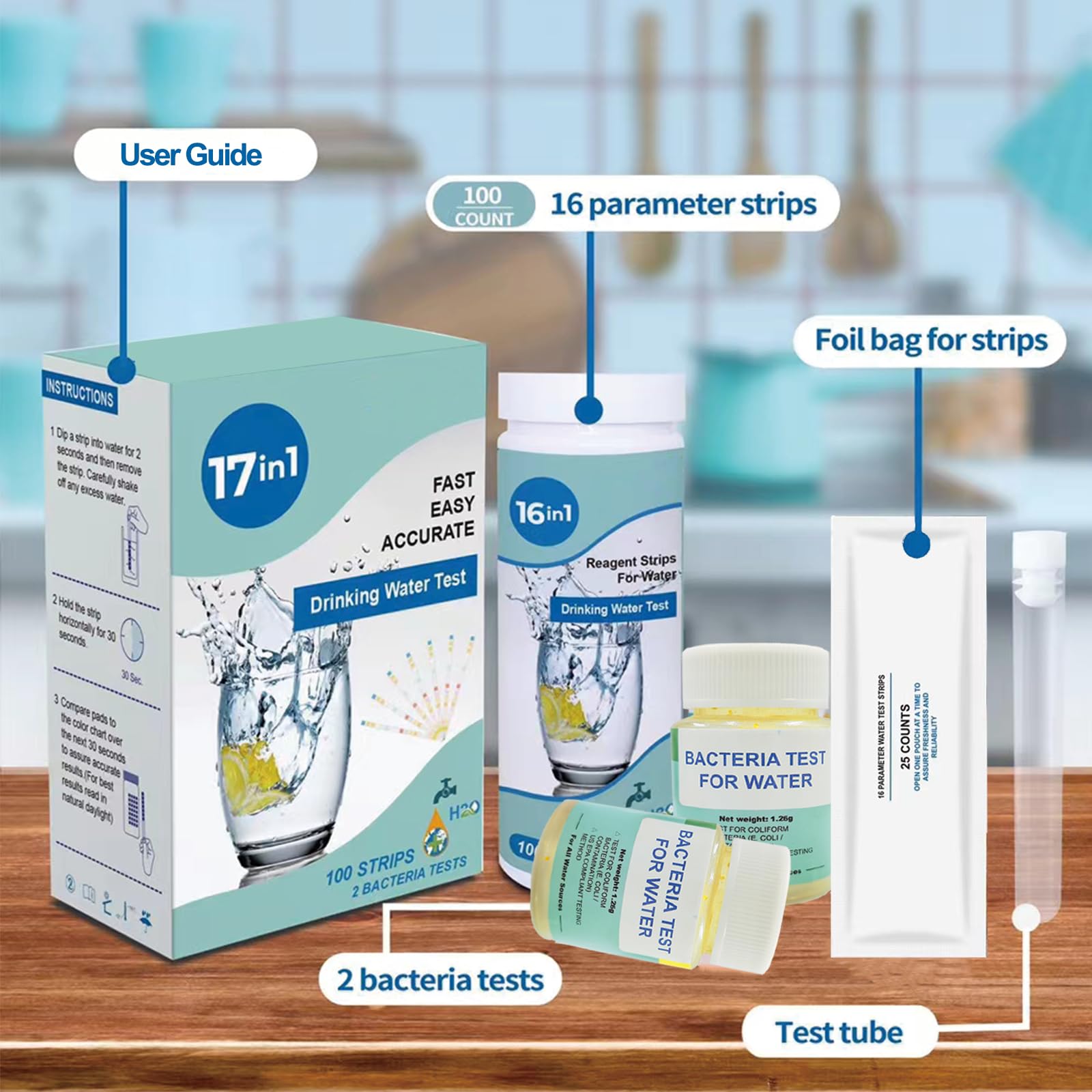 17 in 1 Complete Drinking Water Test Kit 100 Strips + 2 Bacteria Home Texter Kits - Well, Tap, Home, City Water Testing Strip for Lead, Alkaline, Chlorine, Hardness, Iron, Fluoride, Copper & More
