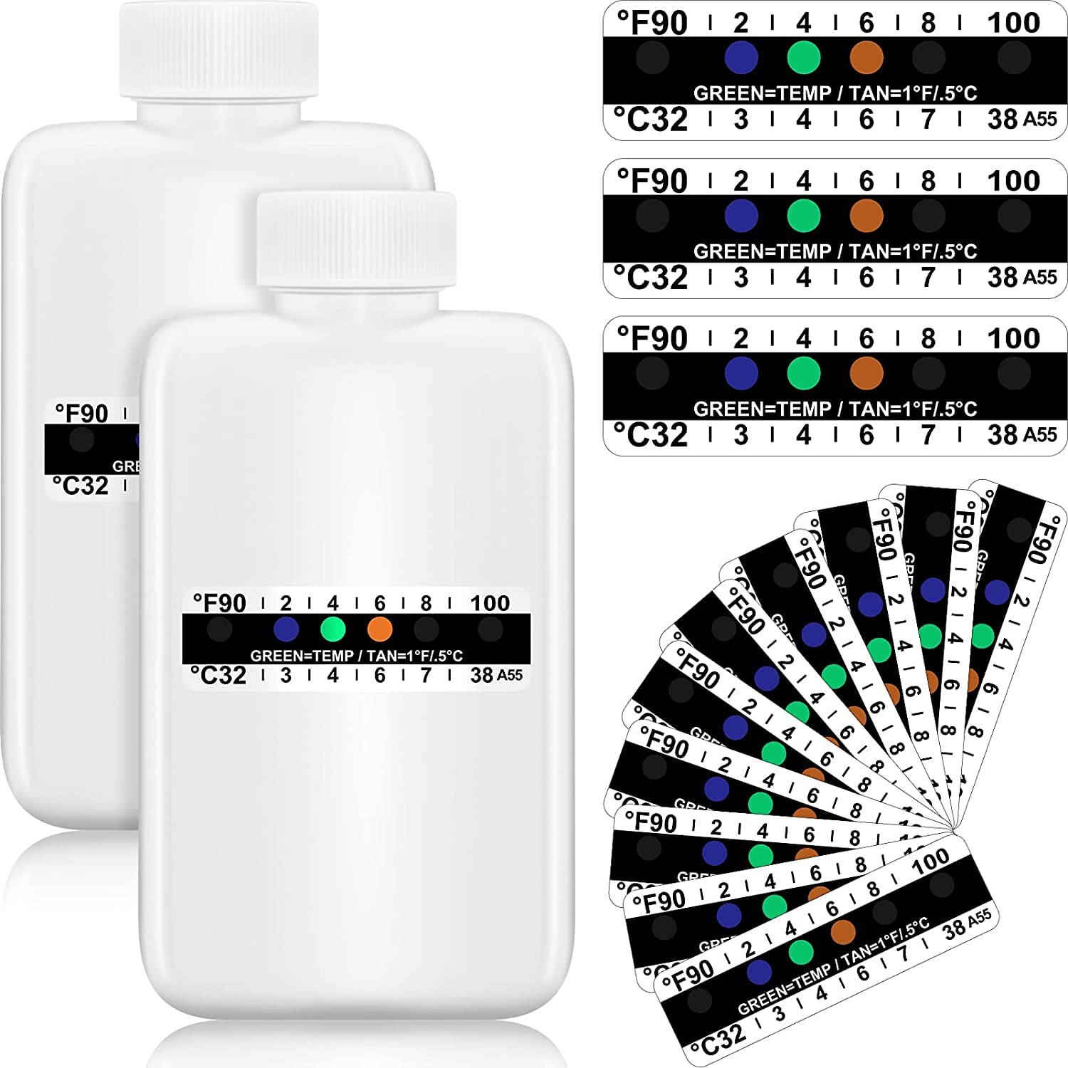 16 Pieces Urine Test Complete Kit 2 Empty Bottles with 14 Temperature Test Strip Urine Test Strip Portable Urine Test Bottle Adhesive Thermometer Strip for Traveling Test