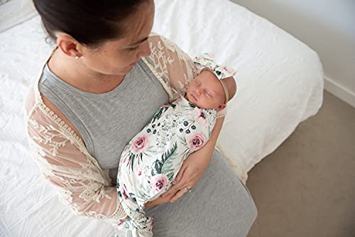 Terriboo Newborn Receiving Blanket and Headband Set Flower Print Baby Swaddle Wrap Floral (Pink)