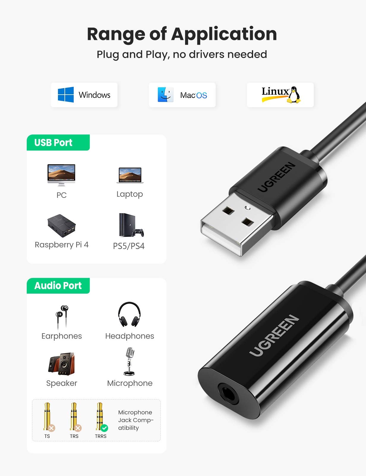 UGREEN USB External Sound Card Audio Adapter with 3.5mm Combo Aux Stereo Converter 24bit/192kHz for Headset Mac PS5 PC Laptop Desktops Windows and Linux Black