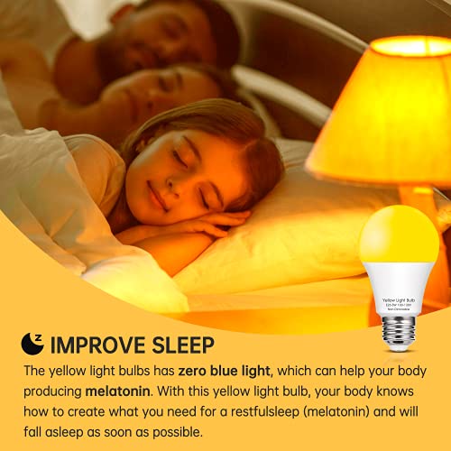 2 Pack 60W LED Yellow Bug Light Bulbs, A19 Amber Yellow LED Light Bulb, 700LM 8W LED Bulb 2000K Warm Lights, No Blue Sleep Aid Bulb, E26 Base, Outdoor Porch Bugs LED Lights Not Dimmable