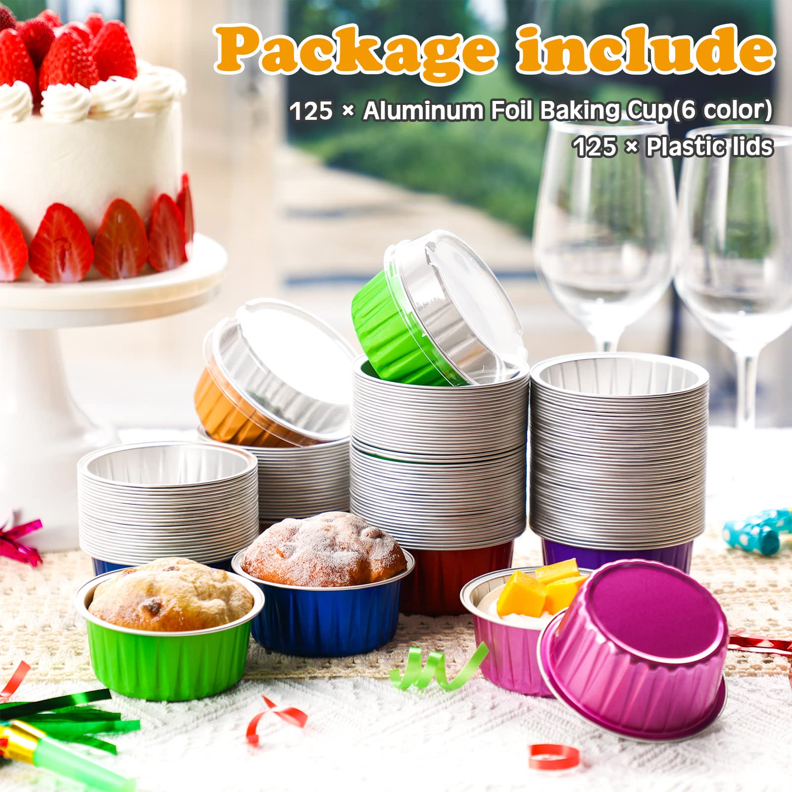 150 Pcs Aluminum Foil Baking Cups with Lids 5 oz Disposable Ramekins for Baking Aluminum Pans Dessert Baking Cups Holders Muffin Tin for Bakery Birthday Wedding Party, 6 Colors