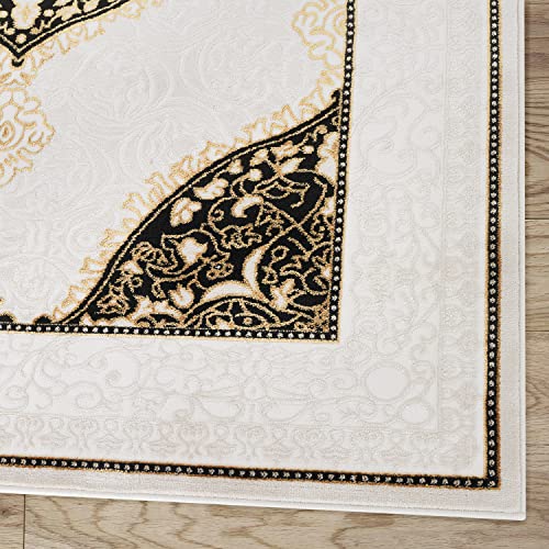 Antep Rugs Babil Gold 8x10 Oriental Bordered High Low Textured Traditional Indoor Area Rug, Beige Black, 7'10" x 10'