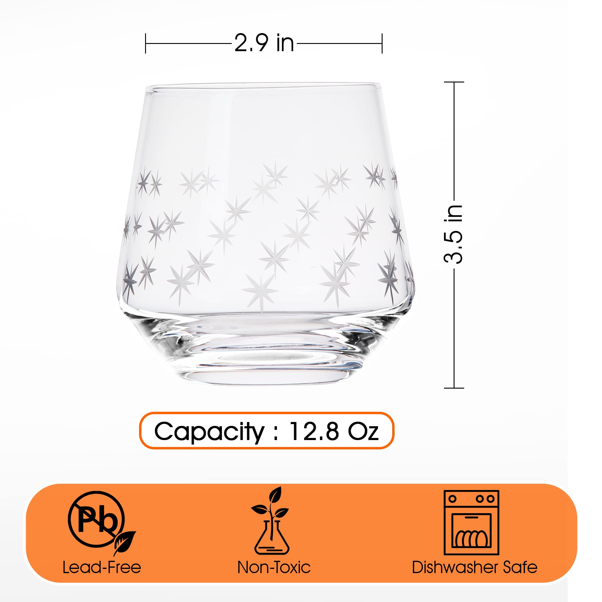 1917 Hand Blown Etched Stemless Wine Glasses set of 4-12.8oz, Wine Tumblers for Red and White Wine, Water Glasses, Drinking Glasses Gift Cup Sets