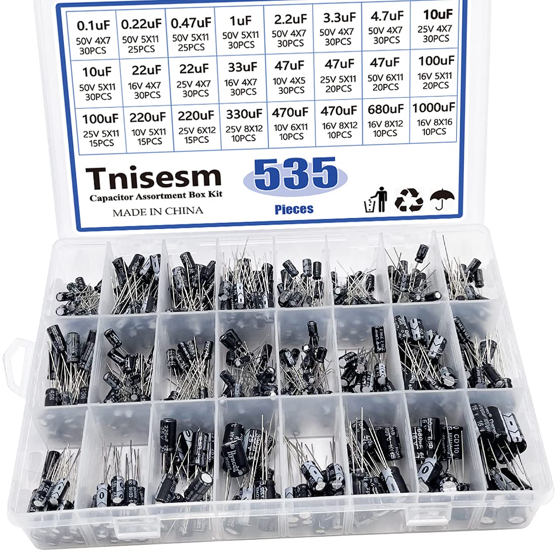 Tnisesm 535Pcs Electrolytic Capacitor 24 Value Range 0.1uF-1000uF Assortment Kit with Aluminum Radial Leads TN04-24Z