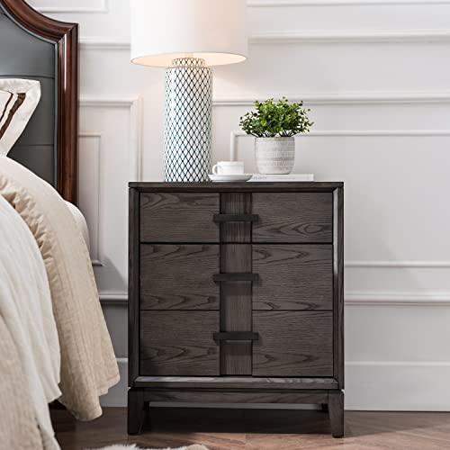 Leick Home 9075 Assembled Recessed Drawer and Bottom Door Nightstand Side Table with AC/USB Charger, Gray