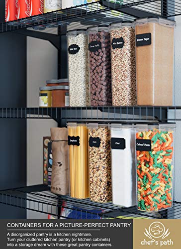 Chef's Path Airtight Food Storage Containers (Set of 4, 2.8L) - Tall Pasta Storage Containers for Pantry & Kitchen Organization, Spaghetti, Noodles, Cereal - Lids, Noodle Measure and Reusable Labels Included