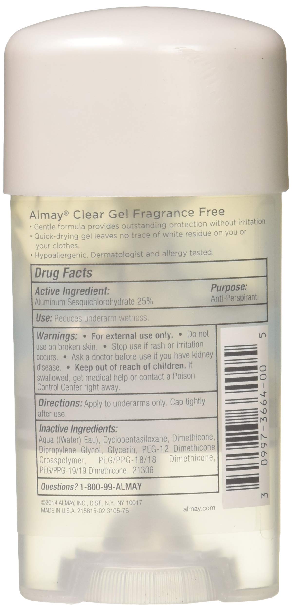 Almay Clear Gel, Anti-Perspirant and Deodorant, Fragrance Free, 2.25-Ounce Stick (Pack of 3)