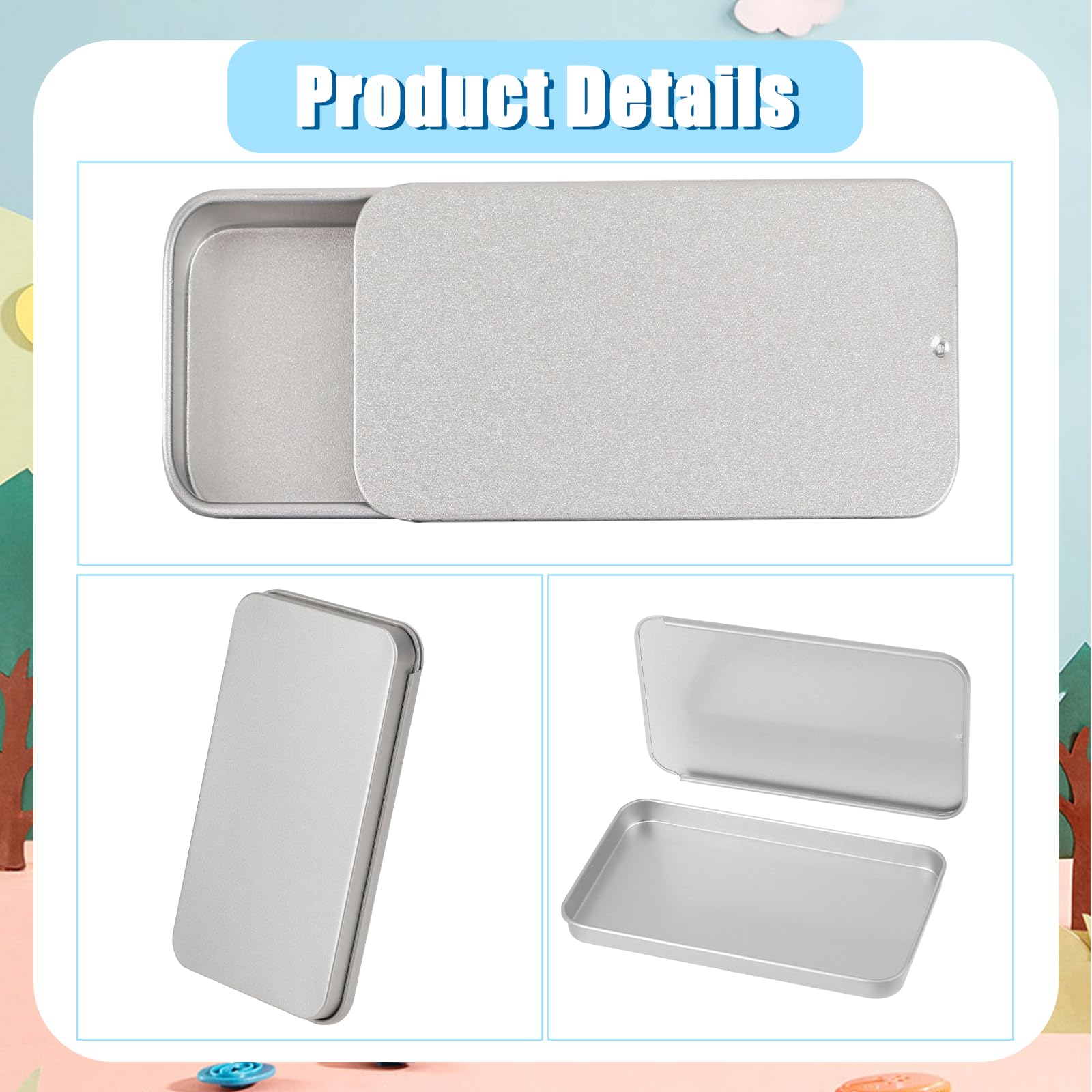 3Pcs Metal Box Containers Empty Slide Top Small Metal Containers 5.5 by 3.34 by 0.47 Inch Rectangular Storage Box Containers for Candies Jewelry Crafts Pills Survival Kit (Silver)
