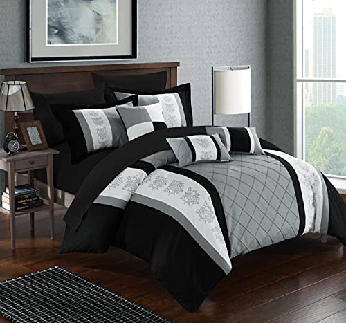 Chic Home CS1644-AN Clayton 10 Comforter Pin Tuck Pieced Block Embroidery Bed in A Bag with Sheet Set Black, Queen, Grey