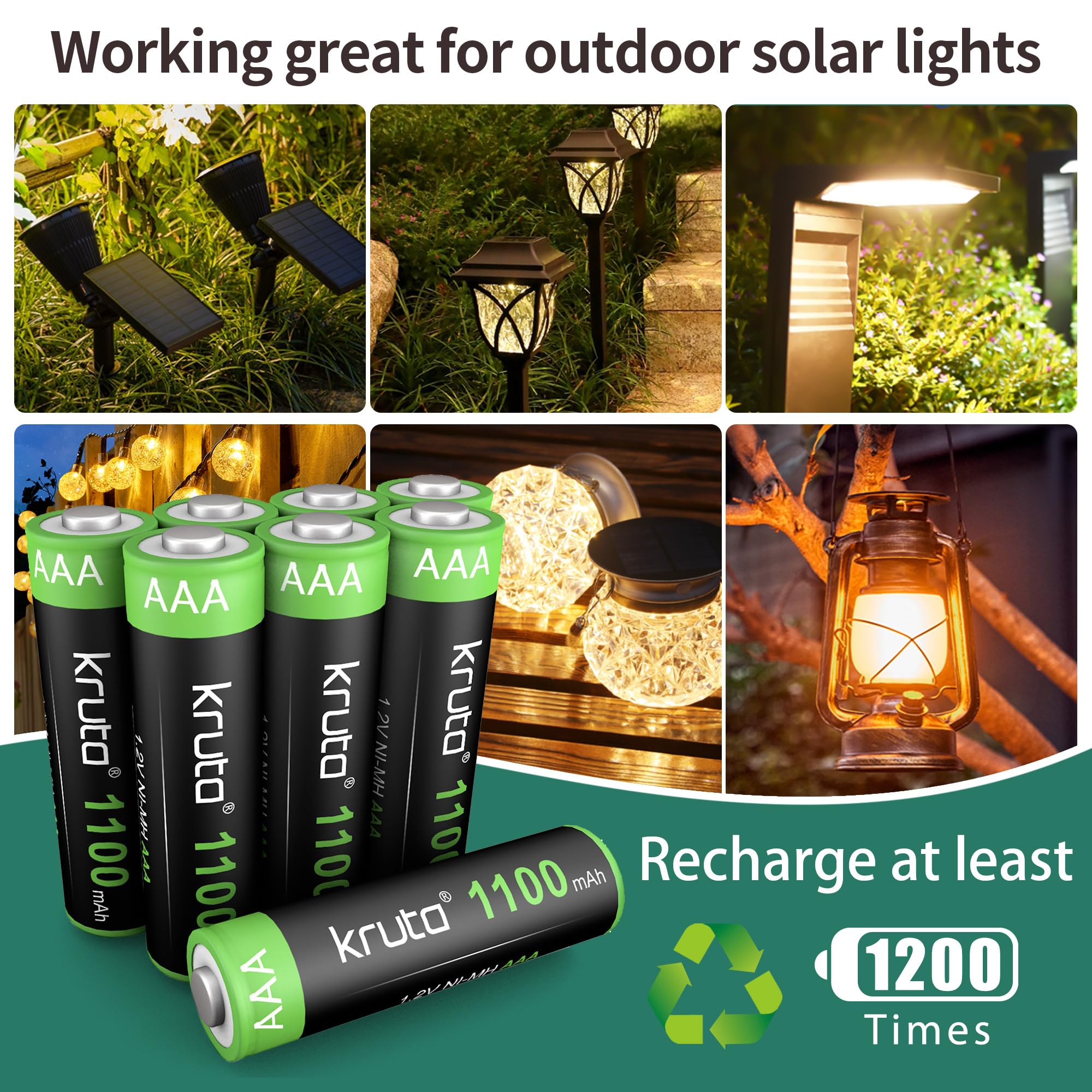 Kruta Solar Lights Batteries AAA 1100mah High Capacity 1.2V Ni-MH Rechargeable AAA Solar Battery for Outdoor Solar Lights, Battery String Lights, TV Remotes, Wireless Mouses (AAA1100 Pack 12)