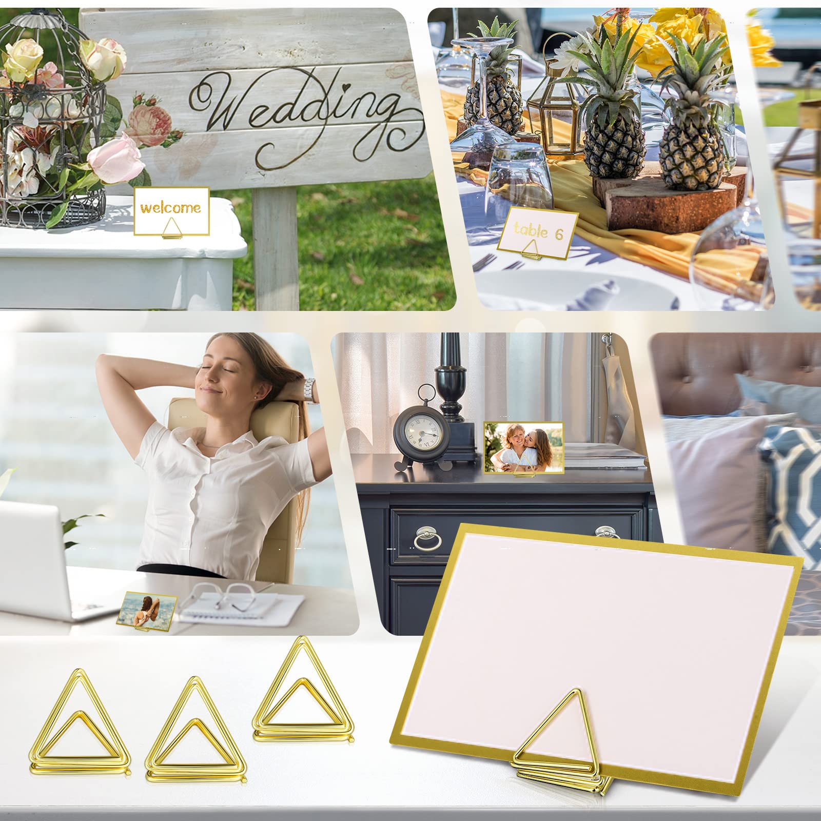 24 Pieces Triangle Shape Table Place Cards Holder Sturdy Place Card Holder with 24 Pieces Beautiful Escort Cards with Foil Border Wedding Name Cards for Table Place Card for Weddings (Gold)
