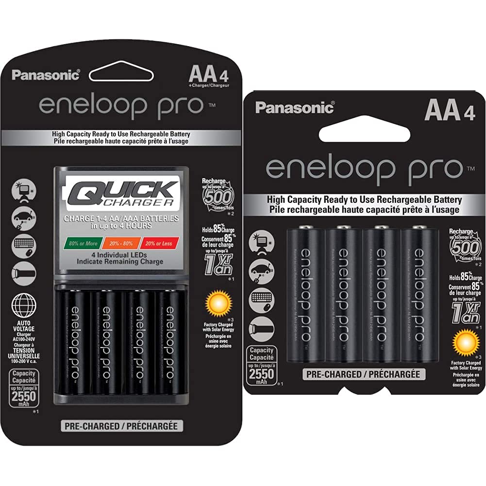 Eneloop Panasonic K-KJ55KHC4BA Advanced 4 Hour Quick Battery Charger with 4AA pro Rechargeable Batteries & Panasonic BK-3HCCA4BA pro AA High Capacity Ni-MH Pre-Charged Batteries, 4 Pack