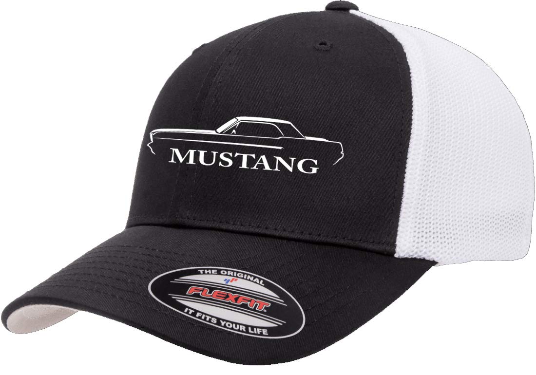 1964 Ford Mustang Hardtop Outline Design Flexfit Trucker Mesh Fitted Cap Black/White