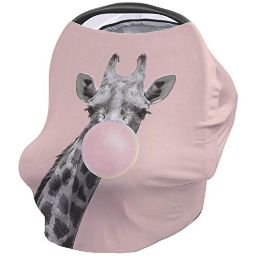 Giraffe Baby Car Seat Cover, Multi-Use Nursing Cover for Boys, Girls, Infants, Snug Warm Stroller Covers for Babies, Funny Animal Giraffe Blowing Bubble Pink