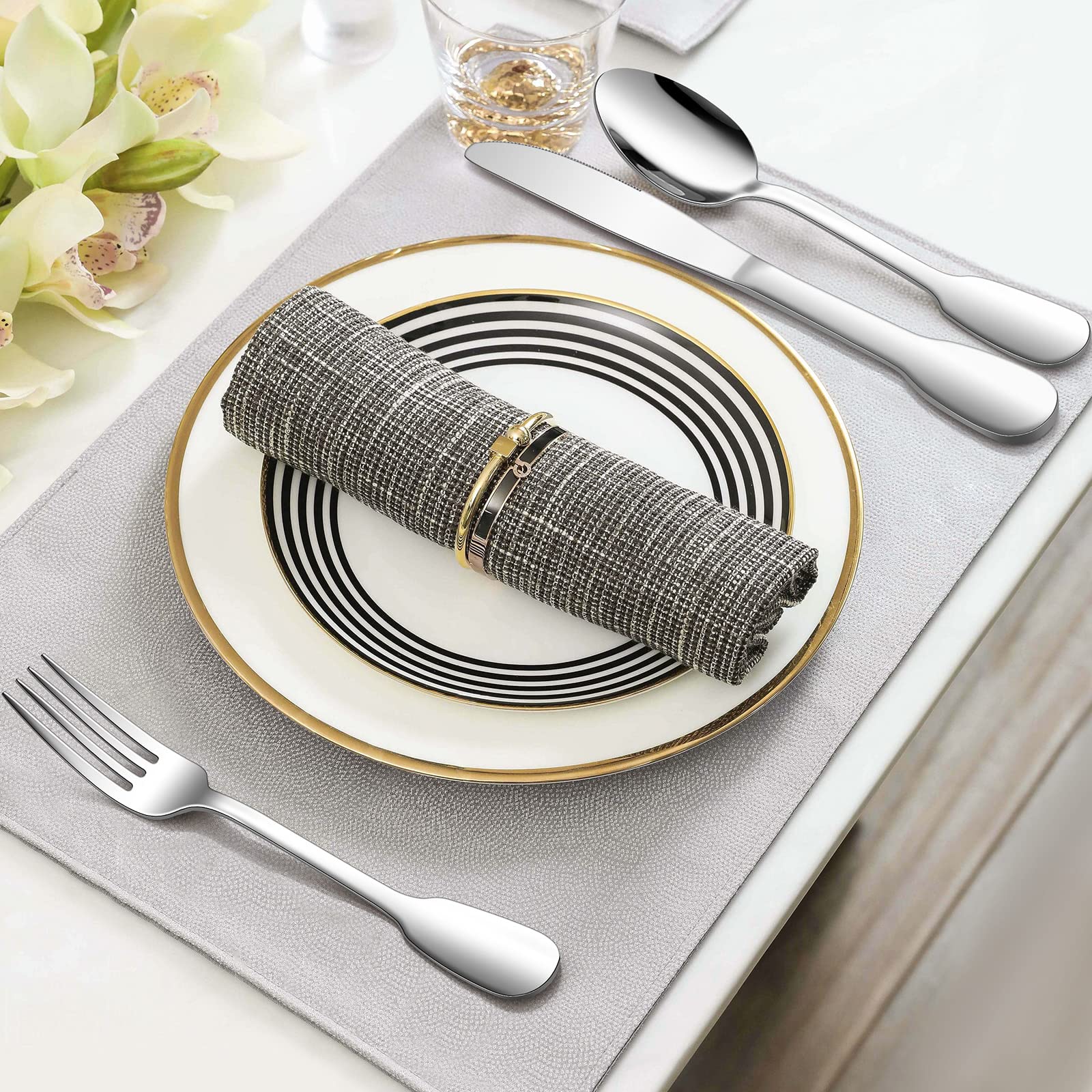 18/10 Silverware Set, E-far 40-Piece Stainless Steel Flatware Cutlery Set Service for 8, Metal Tableware Eating Utensil Sets for Home/Restaurant/Wedding, Elegant & Classic Style - Dishwasher Safe