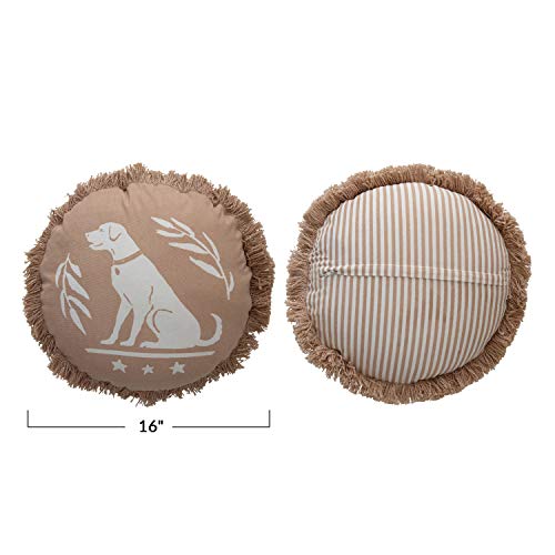 Creative Co-Op Round Printed Dog & Fringe w/Tan Striped Back, Cotton Pillow