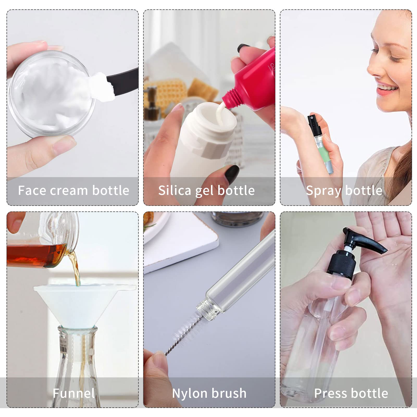 19Pack Empty Silicone Travel Size Toiletries Set, Leakproof Squeezable Spray Bottles Tubes, 1oz 2oz 3oz Refillable Cosmetic Container, Mini Perfume Atomizer Airplane Travel Essentials (White&Black)