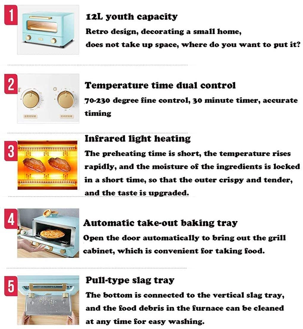 12L Mini Oven Electric Cooker and Grill, Home Baking Small Oven Timer Double Glass Door Convection Toaster Oven (White) (Blue)