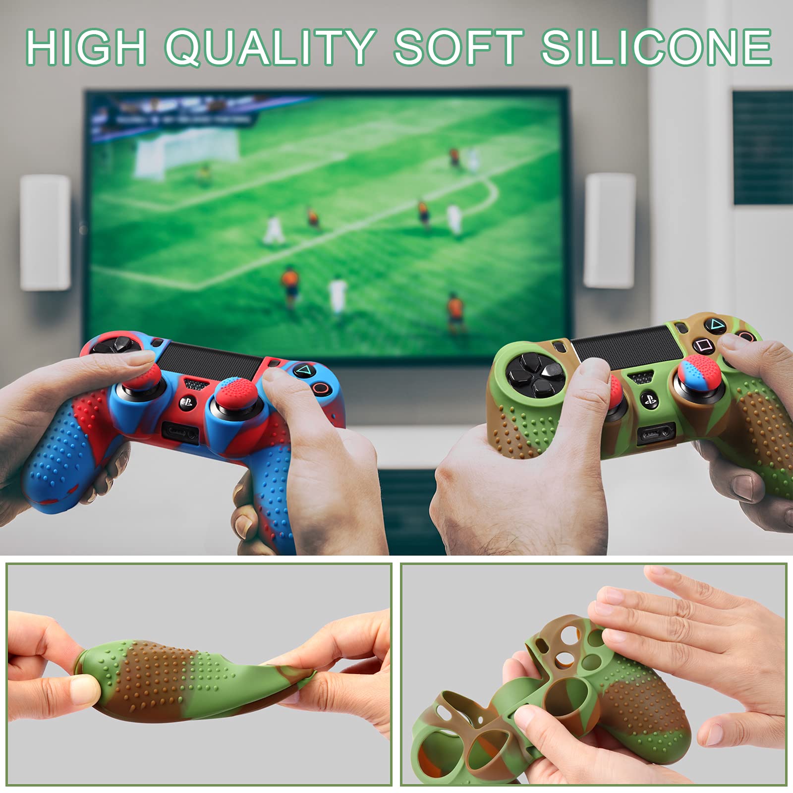 2 Pack Studded Anti-Slip Silicone Cover Skin for Sony PS4 DualSense Controller, Soft Rubber Case for Playstation 4 Wireless Controller with 10 x Pro Thumb Grip Caps (Camo Green Brown,Camo Red Blue)