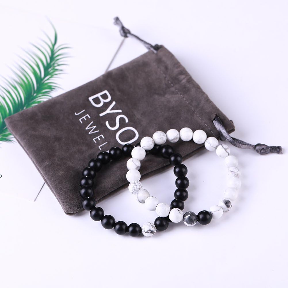 2 Pcs Couple Distance Relationship Bracelets Black Matte Agate & White Howlite Energy Beads Stone Ying Yang Balance Bracelet Banglet for Lovers Touch Bracelets Long Distance Relationship¡