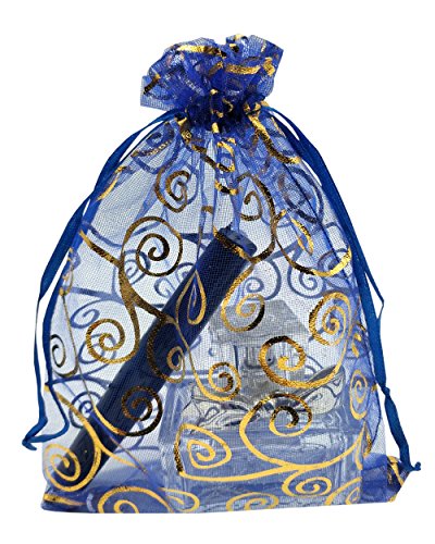 Ankirol 100pcs Sheer Organza Favor Bags 5x7'' for Wedding Bags Samples Display Drawstring Pouches (Blue-Gold Swirl)