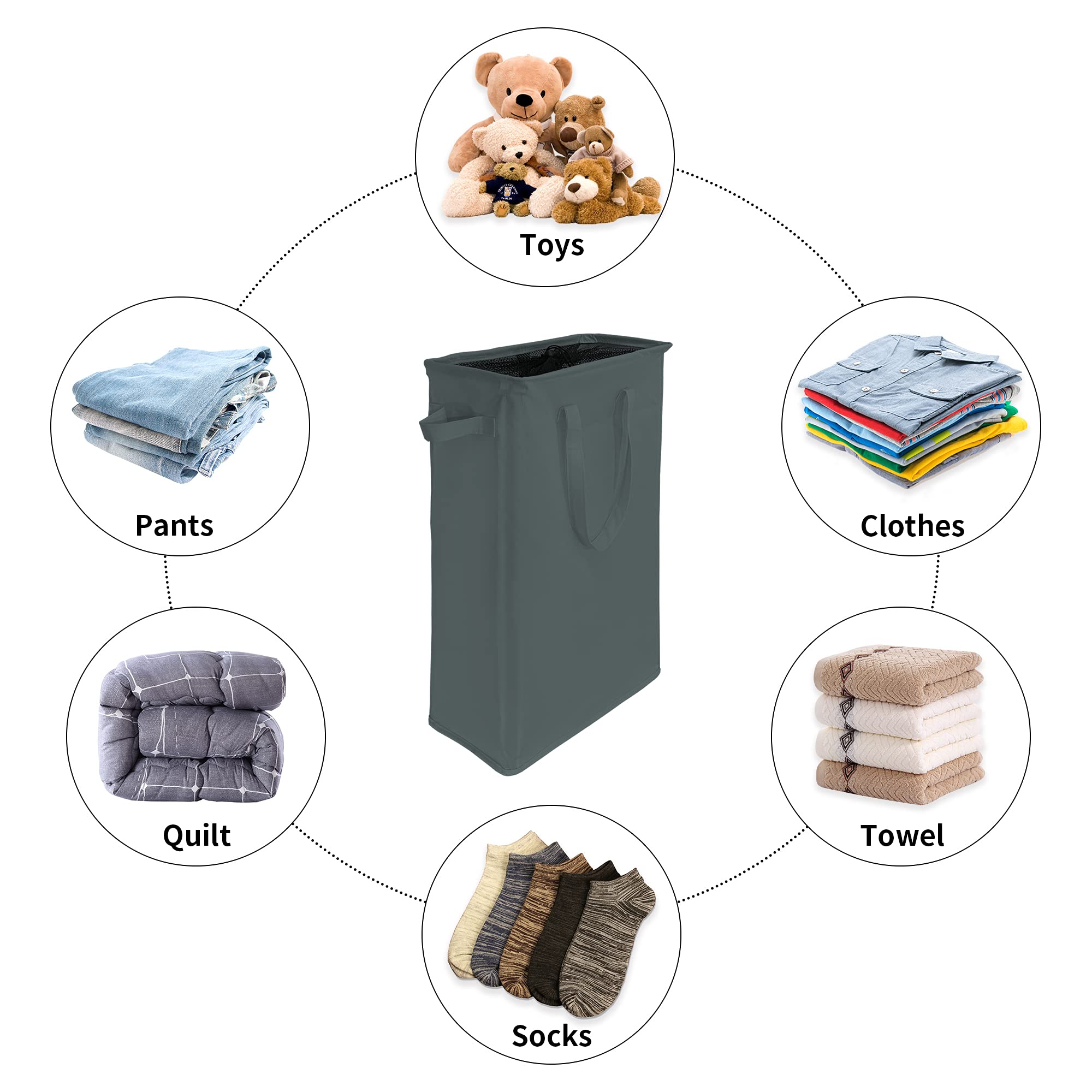24Inch Slim Large Laundry Basket Collapsible Fabric Laundry Hamper Out Carrying Laundry Bag Tall Thin Dirty Laundry Hamper Basket Home Corner Bin(Grey)