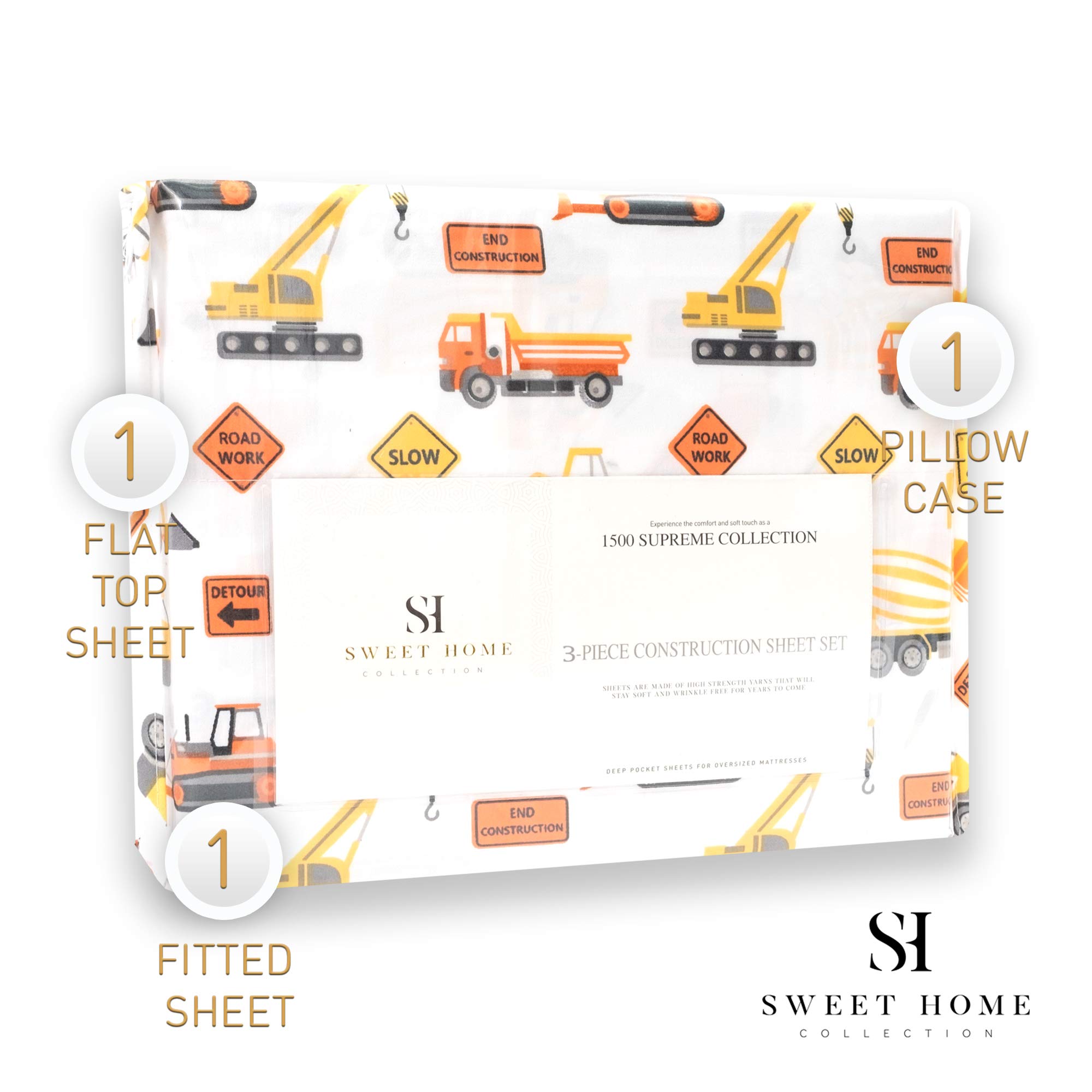 1500 Supreme Kids Bed Sheet Collection - Fun Colorful and Comfortable Boys and Girls Toddler Sheet Sets - Deep Pocket Wrinkle Free Soft and Cozy Bedding - Twin, Construction