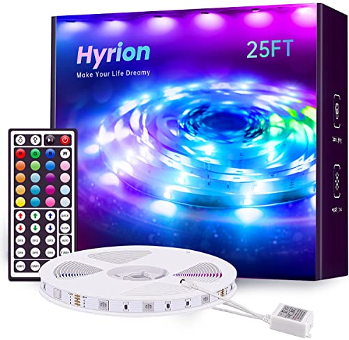 hyrion 25ft LED Light Strips, 1 Roll of 25 ft LED Lights for Bedroom with 44 Keys Remote for Bedroom, Kitchen, Desk, Color Changing Led Lights for Home Decoration