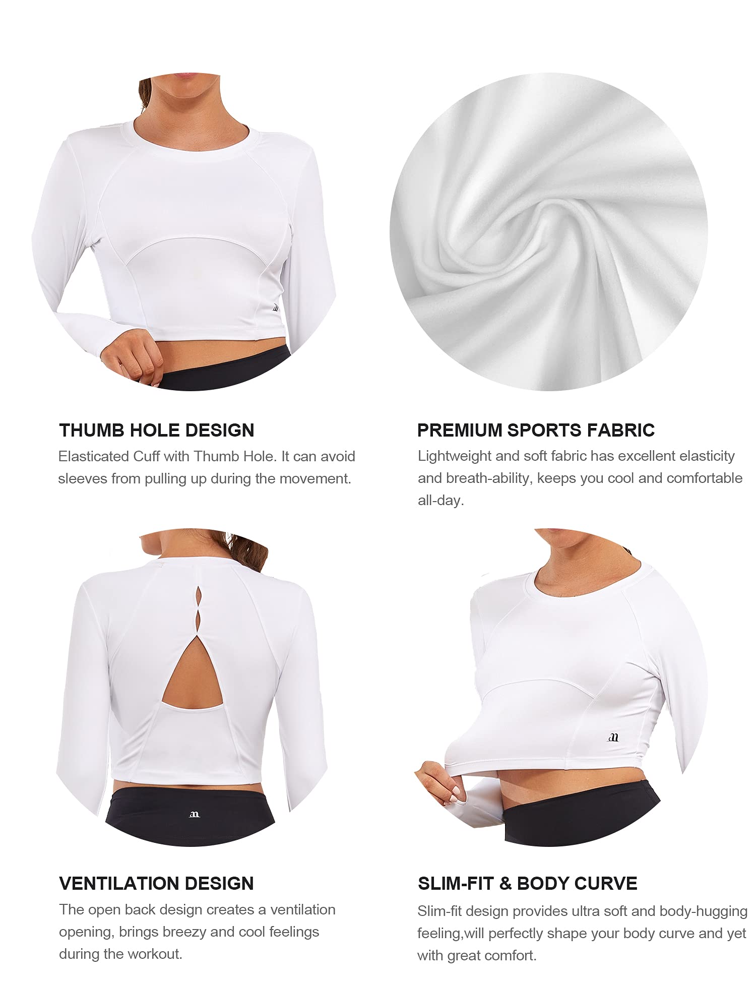 1a1a Long Sleeve Cropped Tops for Women Crewneck Thumbhole Workout Athletic White Medium