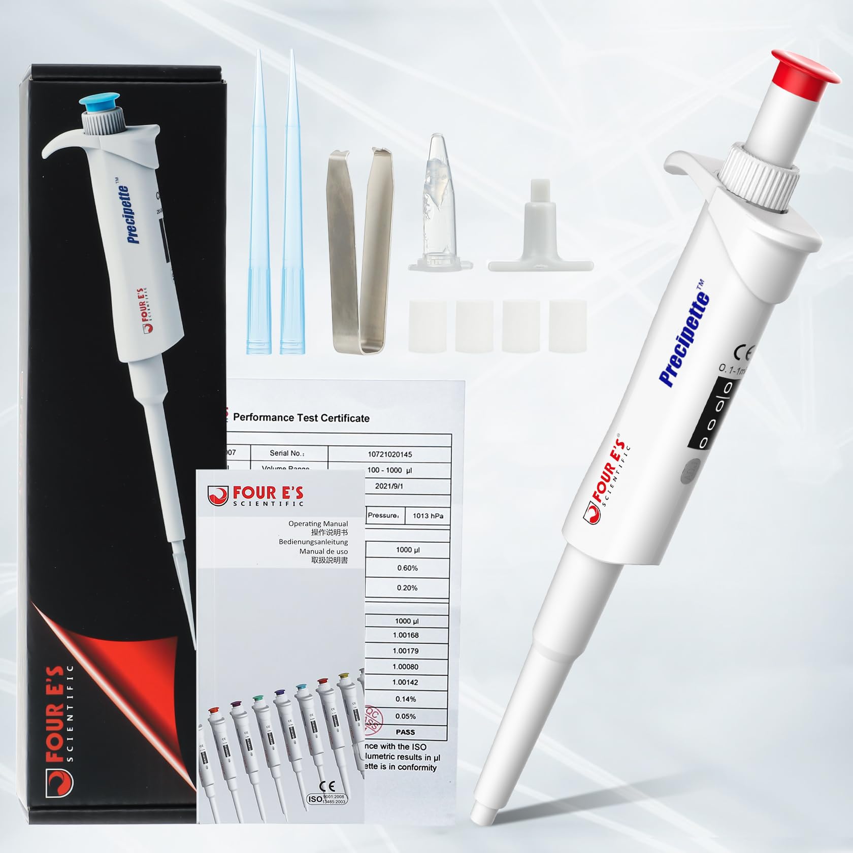 4E's USA Pipette - 100-1000μl Micropipette, Adjustable Volume Pipette with Autoclavable Lower Portion, Universal Tip Cone Single Channel Pipettes, Laboratory ISO 8655 Calibrated Pipettor