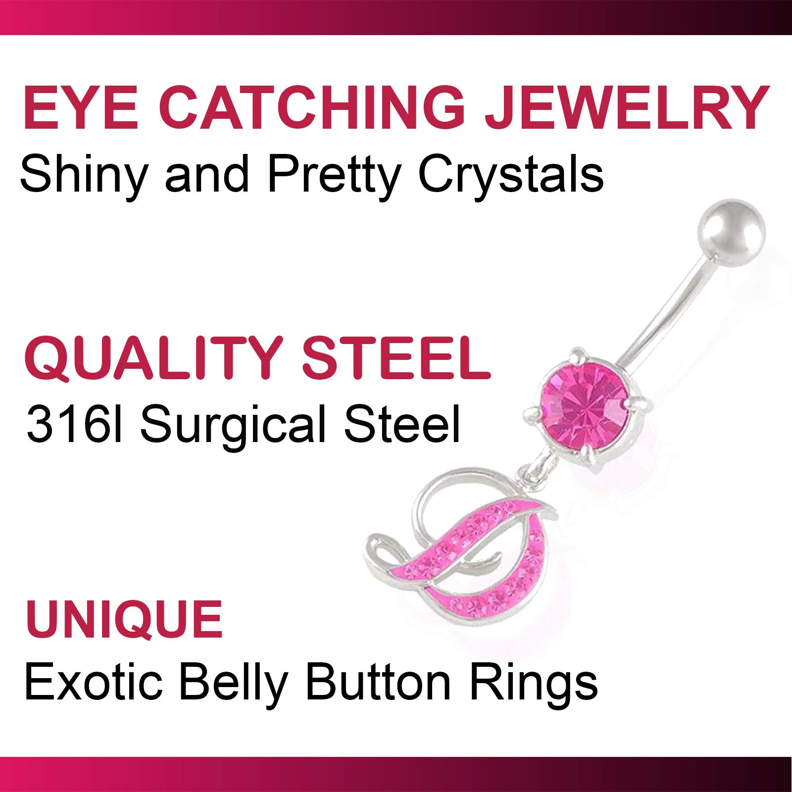 14Gauge 1.6mm 3/8 Inch 10mm letter Rose Crystal Ferido dangle belly navel button ring dangly bar AFEH Piercing
