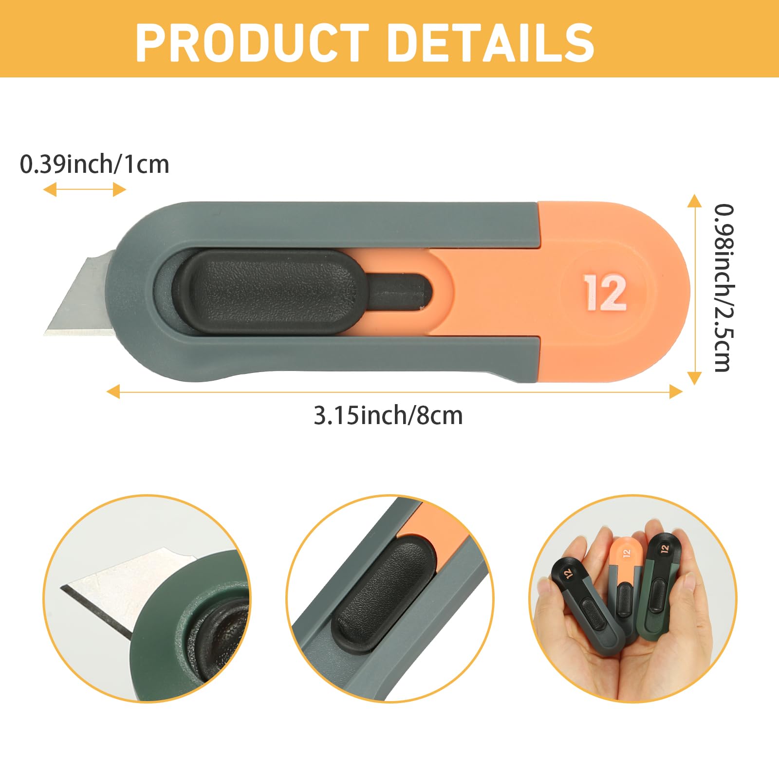 3pcs Utility Knife Box Cutter Mini Box Cutters Sharp Box Cutter Retractable for Office and Home Use（black、greener、orange）