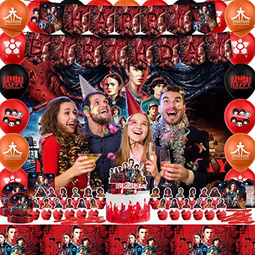 150PC Stranger Birthday Party Decorations - Stranger Party Favors for Birthday Includes Banner - Movie Backdrop - Invitation Cards - Cake Topper - Balloons -Tableware Package