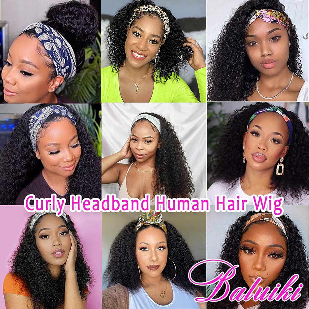 Glueless HeadBand Wig Curly Human Hair Wig None Lace Front Wigs for Black Women Deep Wave Machine Made Wigs Natural Color 180% Density (12inch)