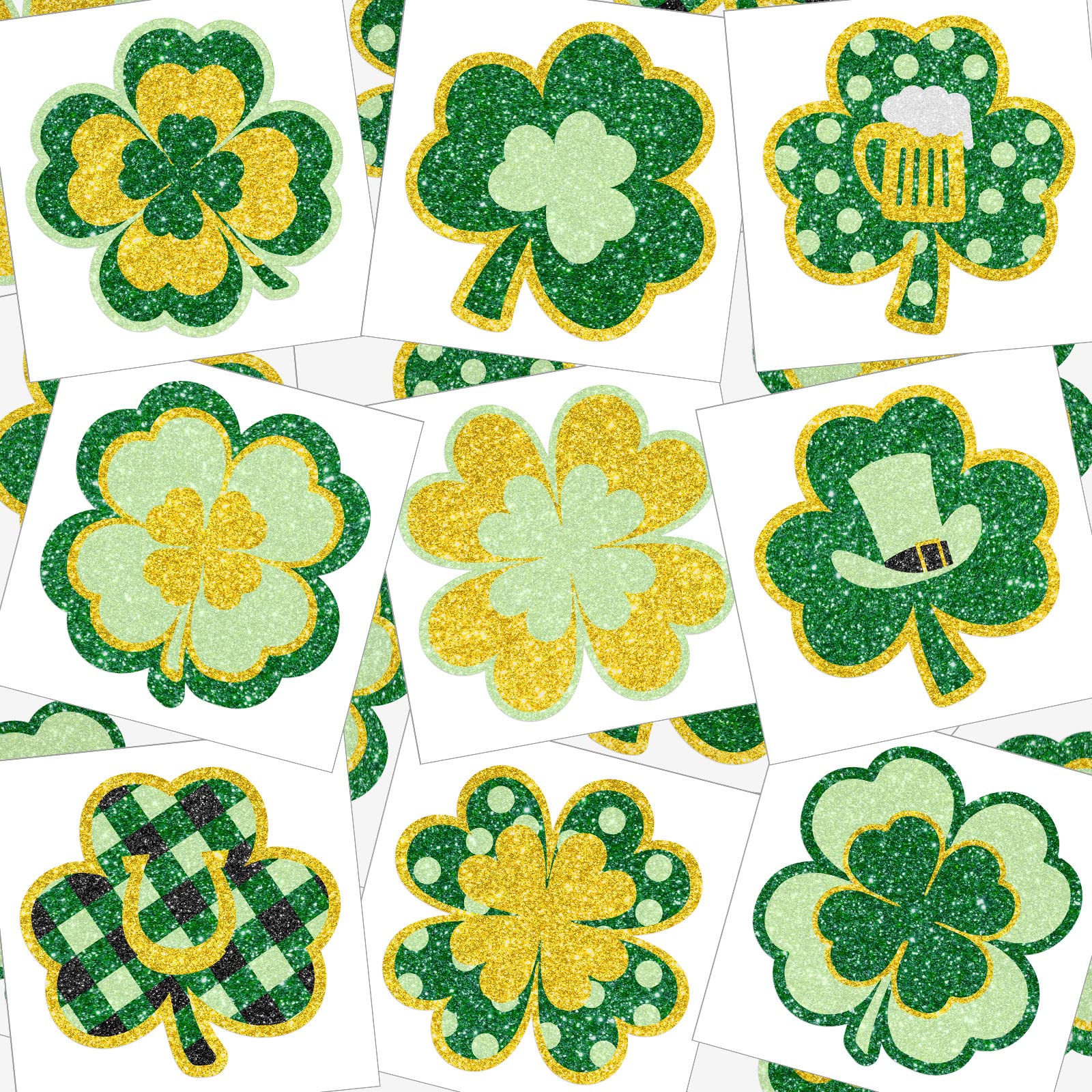 72 Pieces Glitter Shamrock Temporary Tattoos St. Patrick's Day Tattoos Lucky Clover Glitter Tattoo Stickers St. Patrick's Day Irish Sticker Parade Party Favors Decorations Accessories, 9 Styles