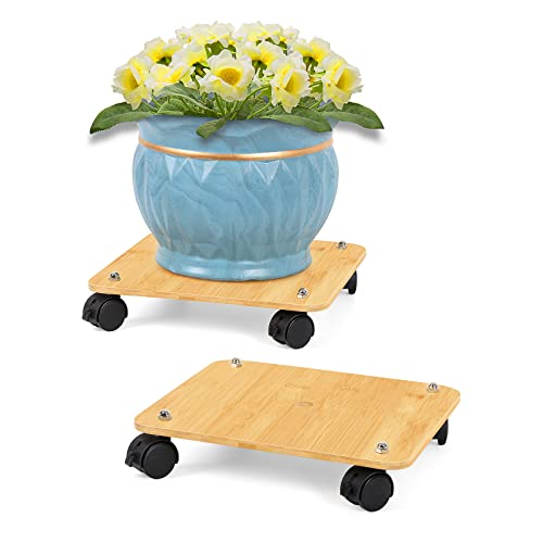 2 Pack Plant Caddy Rolling Plant Stand with Wheels Bamboo Plant Roller Base with Lockable Casters for Indoor Outdoor Large Plant Pot Flower Pot