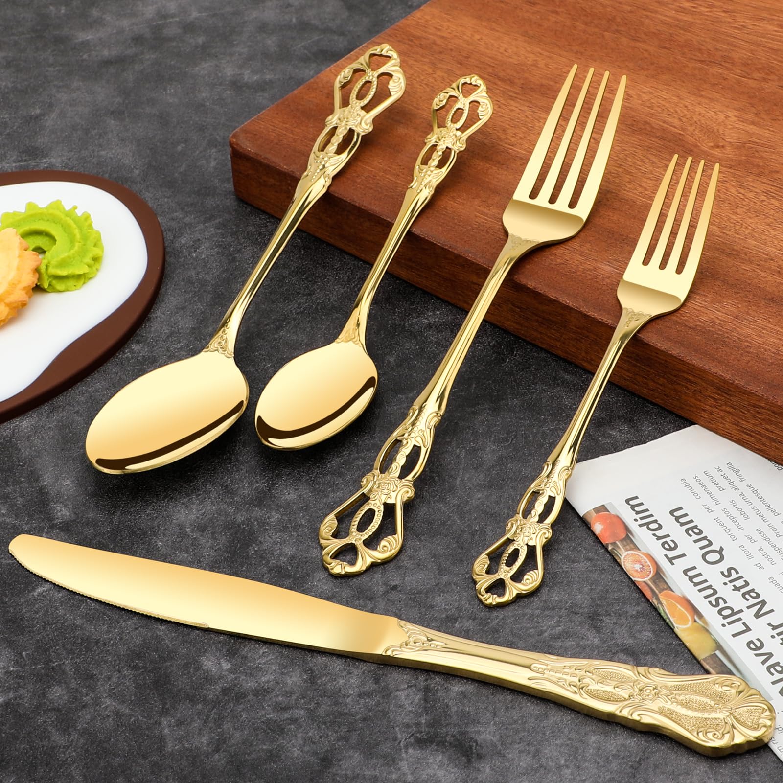 20 Piece Silverware Set Service for 4,Premium Stainless Steel Flatware Set,Mirror Polished Cutlery Utensil Set,Durable Home Kitchen Eating Tableware Set (Golden)