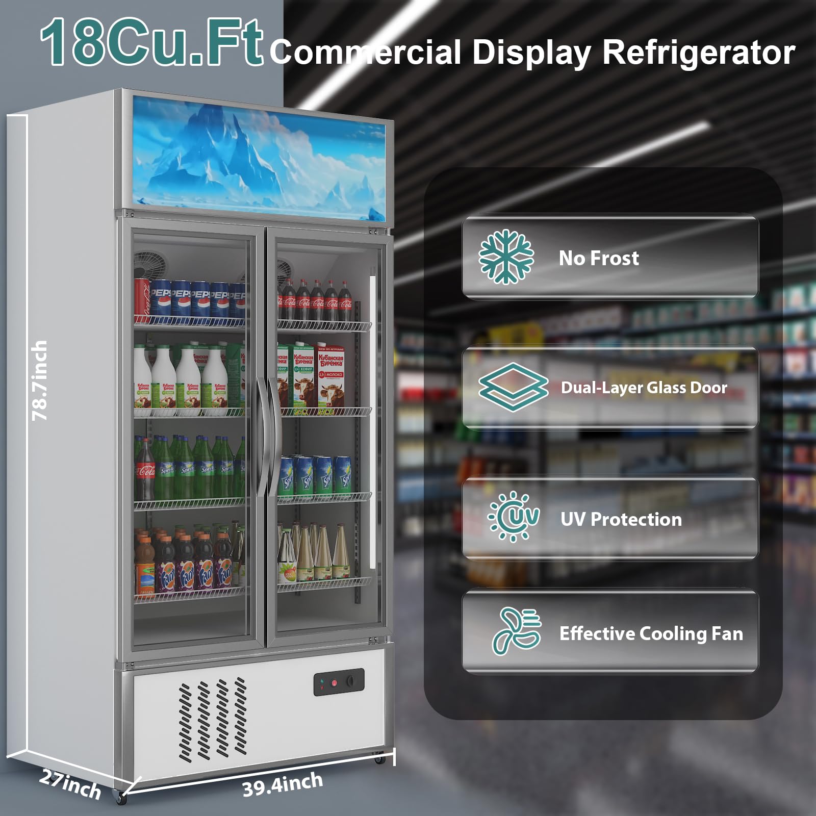 18 Cu. Ft. Commercial Refrigerators Glass Door, Commercial Beverage Fridge, Commercial Merchandiser Refrigerator for Beer, Bar, Drink, Display Upright Beverage Refrigerator Cooler, Silver 