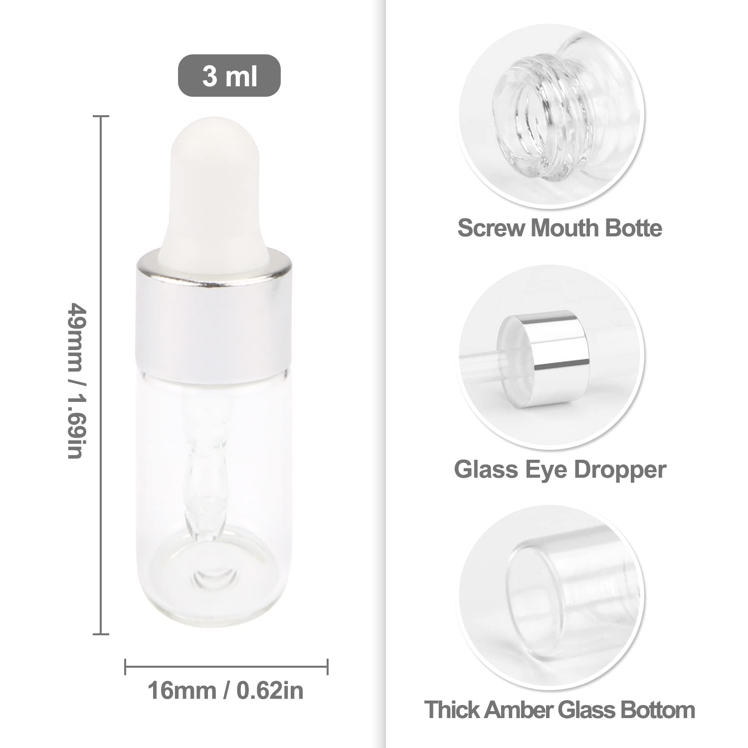 15 Pcs Clear Glass Dropper Bottles Essential Oil Bottles Refill Sample Vials Aromatherapy Perfume Liquid Glass Bottles With Eye Dropper&Silver Lids (3ml)