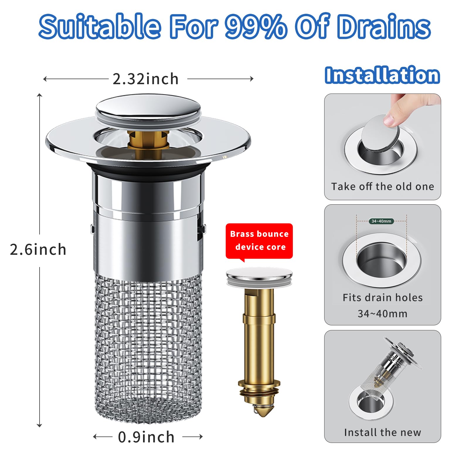 3PCS Bathroom Sink Stopper, Pop-Up Bathroom Sink Drain Strainer with Removable Stainless Steel Hair Catcher Basket, Universal Fit for US Bathroom Sinks,Bathtubs,Showers & Floor Drains Replacement Part