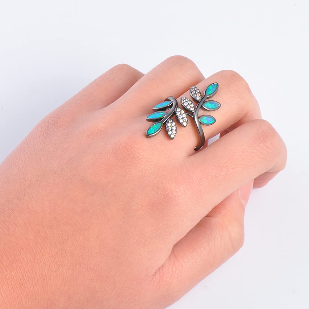 14K Black Gold Leaf Ring, Created Opal Ring Mounted with Cubic Zirconia, 925 Sterling Silver Statement Ring for Women Teen Girls, Size 6 7 8 9 10 (White Opal, 7)