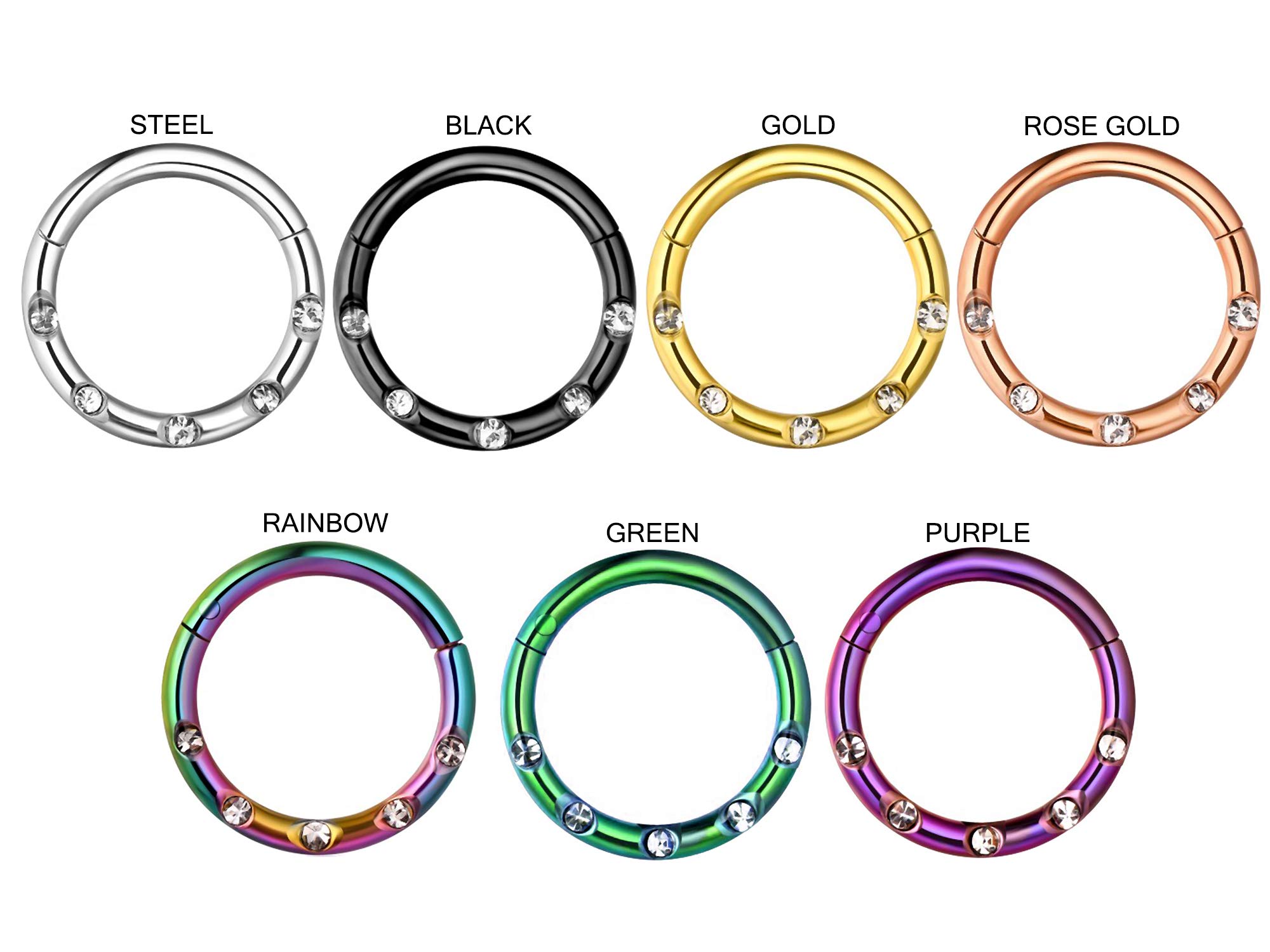 16 Gauge - 12MM Diameter Rose Gold Anodized Surgical Steel 5 Crystal Stones Paved Hinged Segment Nose Ring Septum Piercing