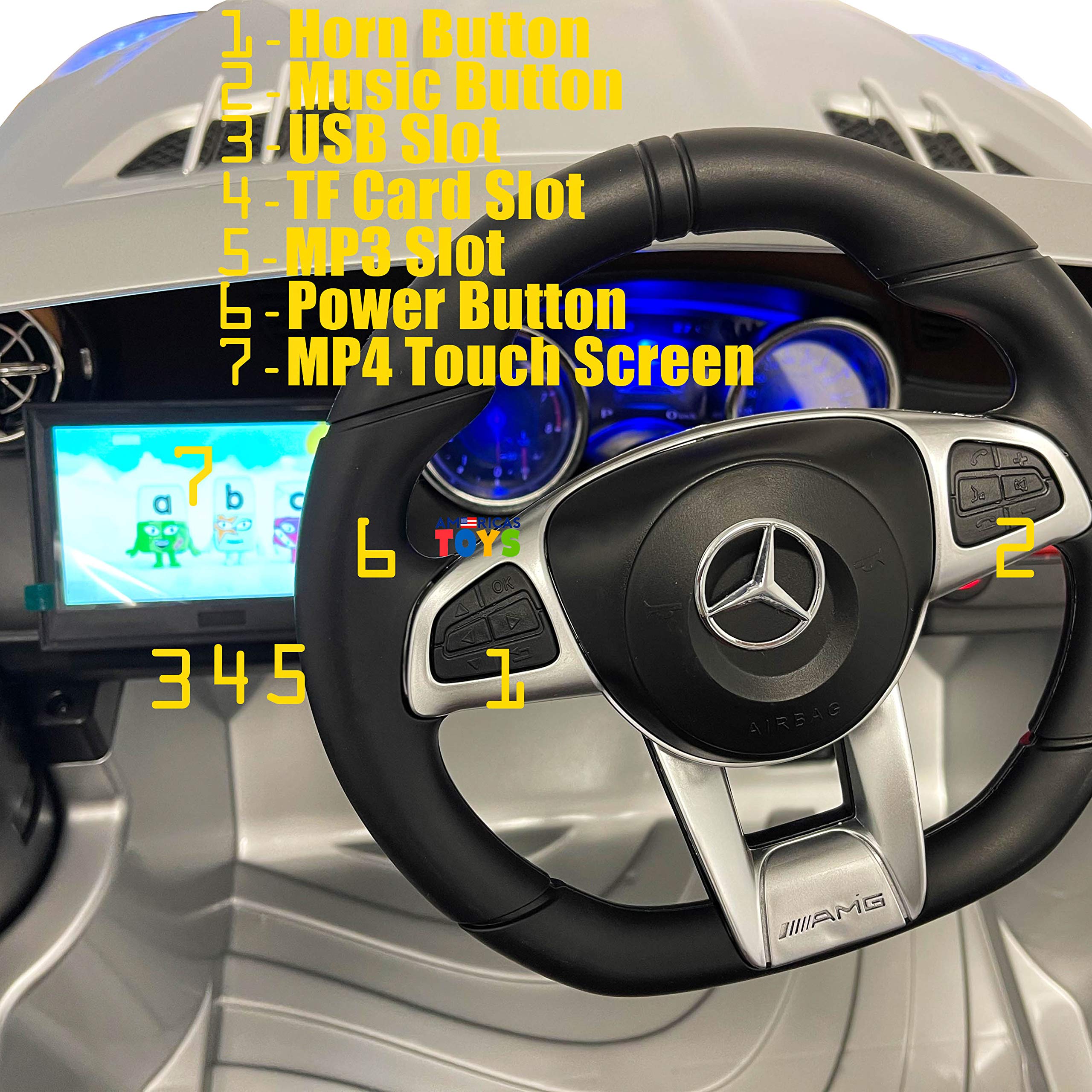 Americas Toys Kids Car with Remote Control, Mp4 Touch Screen, LED Wheels, Leather Seat – Electric Car for Kid to Drive, Open Trunk, Pull Handle, Compatible with Mercedes Benz Painted Silver