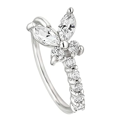 14kt White Gold Butterfly Nose Ring, 8mm Nose Hoop Ring, Marquise & Round CZ Accented, Cartilage Helix Ring, Tragus Ring - 14KNHBTF1WG