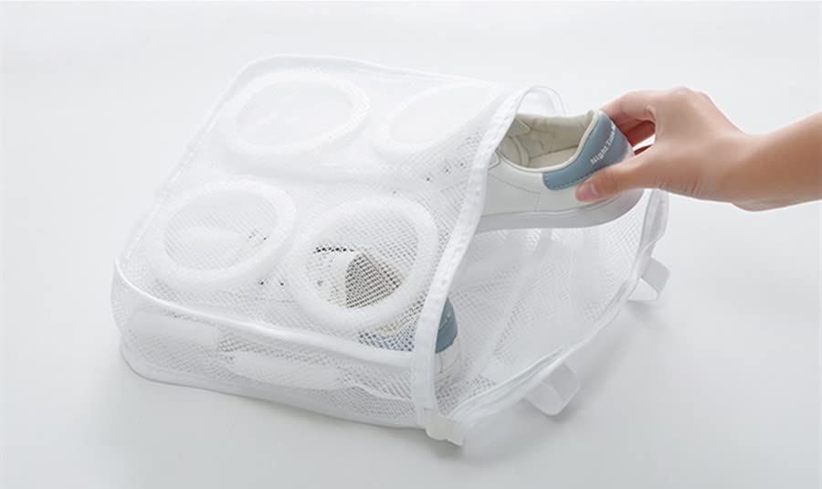 Reusable Zipper Net Shoes Wash Bag Gym Shoe Sneaker Trainers Dryer Bag Laundry Storage Organizer White Square