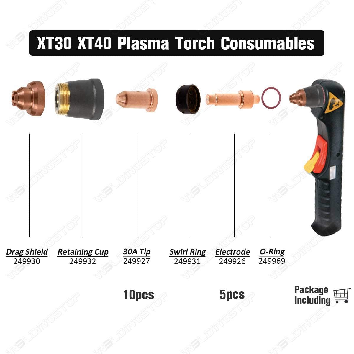 249926 Electrode 30A Nozzle 249927 Tip Fit Miller Spectrum 375/625 X-TREME Cutter XT30 XT40 Torch PK-15