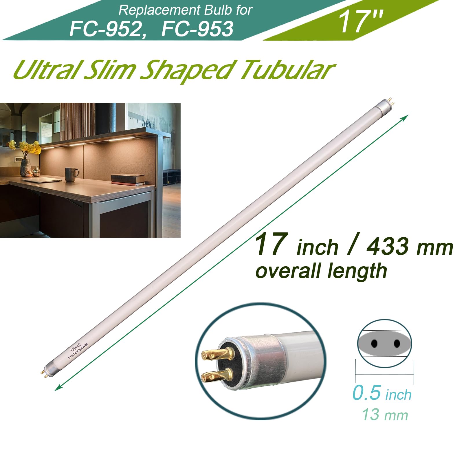 17'' T4 16W Warm White Fluorescent Bulb Replacement Furnlite FC-952 Light,Westek 20125 - FA200WBC,16 Watt 120V Linear 3000K FC-953,G5 Base (3 Pack)